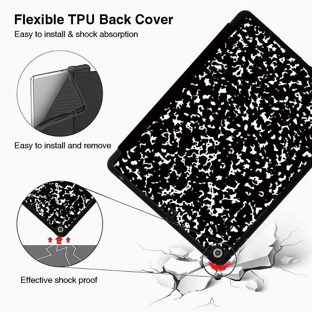 Hi Space for iPad 9th 8th 7th Generation Case for iPad 10.2 Case 2021 2020 2019 Composition Notebook with Pencil Holder, Book Trifold Protective Shockproof Cover with Auto Sleep Wake for A2270 A2428