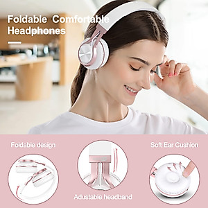 BASEMAN Wireless Over Ear Headphones, Long Battery Life Deep Bass Bluetooth Headphones with Microphone Wireless and Wired Headset for Computer iPhone Teens Girls Women School Travel - White Rose Gold