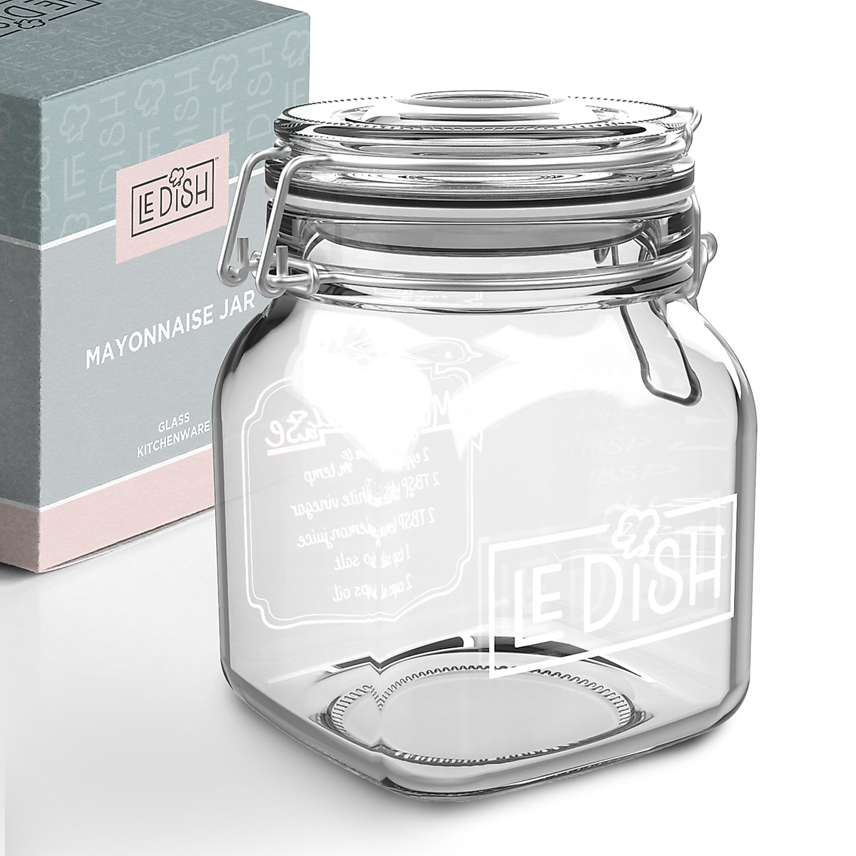 Le Dish Wide Mouth Mason Jar 32 oz | Homemade Mayonnaise Jar with Recipe - Airtight 32 oz Mason Jar with Lid - Large Glass Jar Wide Mouth for Mayonnaise, Canning, Fermenting & Pickling