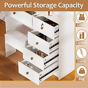 Buildonely Makeup Vanity Set with Mirror and Lights, Hollywood Vanity Desk with 4 Drawers and Display Shelves for Storing Items, Dressing Table with Soft Stool for Girls