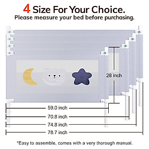 omzer Bed Rail for Toddlers - Baby Bed Guard Rail with Double Child Lock, Safety Bedrail for Children Kids with Pattern, Infants Height Adjustment Guardrail for Full Queen King Size - 1 Pack, 74.8”