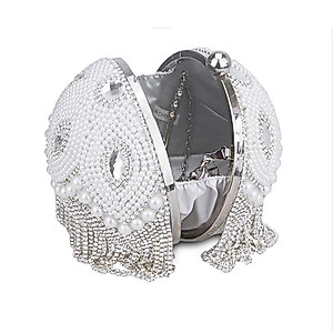 ZLXDP Tassel Pearl Beaded Crystal Party Evening Bag Wedding Round Ball Wrist Bag Round Clutch Purse Handbag (Color : White-Fruit peach5, Size : 1)