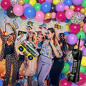 Amandir 80s 90s Party Decorations, 114Pcs Balloon Arch Kit 80's 90's Hanging Swirls Inflatable Disco Ball Radio Boom Box Retro Mobile Phone Balloons for Back to 80s 90s Hip Hop Birthday Supplies