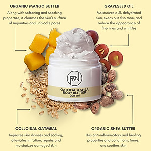 Flora and Noor Organic Whipped Shea Body Butter | Shea Butter for Face and Body Moisturizing Natural Body Butter for Dry Skin infused with Colloidal Oatmeal (200 ml)