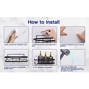 HQJUN Adhesive Shower Caddy, 5 Pack Rustproof Stainless Steel Bath Organizers With Large, Non drilling bathroom rack No Drilling Shelves for Bathroom Storage & Home Decor (Black