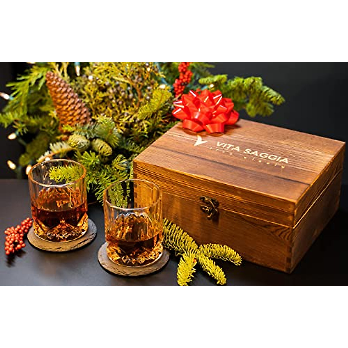 Luxury Whiskey Glass Set of 2, Gift Set in Wooden Box, Includes 8 Whiskey Ice Stones, Velvet Bag and Stainless Steel Tongs. Great Gift for Men, Dad, Christmas.. NO Coasters
