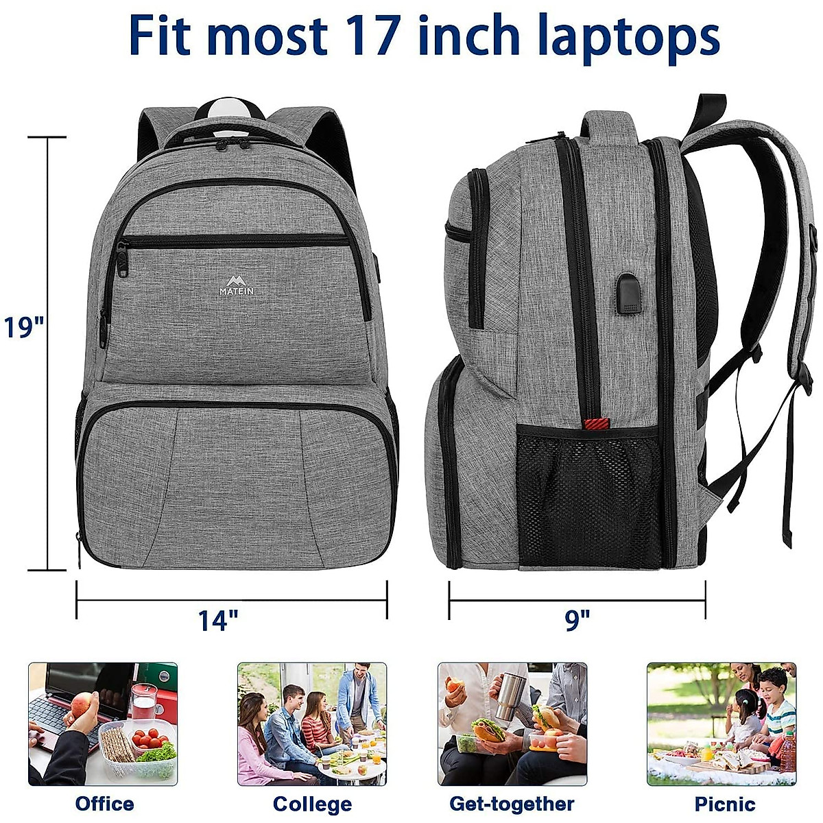 MATEIN Lunch Backpack, 17 inch Insulated Cooler Backpack with USB Charging Port for Women Men, Water Resistant College Lunch Box Backpack with Laptop Compartment for Work Picnic Travel Beach, Gifts