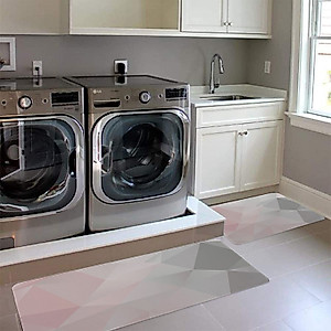 Pink Kitchen Mats and Rugs Set of 2, Washable Absorbent Geometric Kitchen Runner Rug Carpet Pink and Grey Anti-Fatigue Geometric Ombre Color Comfort Mat for Kitchen Bathroom Laundry