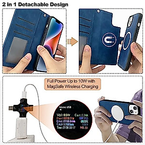 CAVOKAS Case Wallet for iPhone 14 Wallet Case, 6.1 Inch Magnetic Detachable Leather Flip Case with Card Holders, Compatible with MagSafe Wireless Charging, Kickstand Phone Cover RFID Blocking, Blue