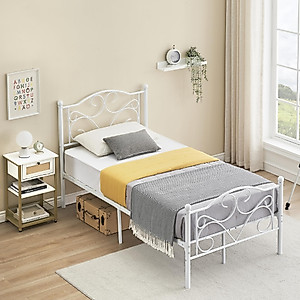 IDEALHOUSE Twin Size Bed Frame with Headboard and Footboard, Metal Platform Bed Frame with Storage, Steel Slats Support Mattress Foundation, No Box Spring Needed, White