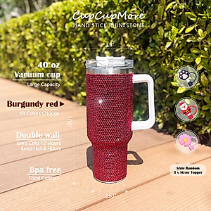 Cupcupmore 40oz Burgundy Red Bling Rhinestone Stainless Steel Sippy Tumbler Glitter Vacuum Insulated Water Bottle with Straw & Lid &Handle,Thermos for Hot & Cold Drinks,Car Cup Holder,Coffee