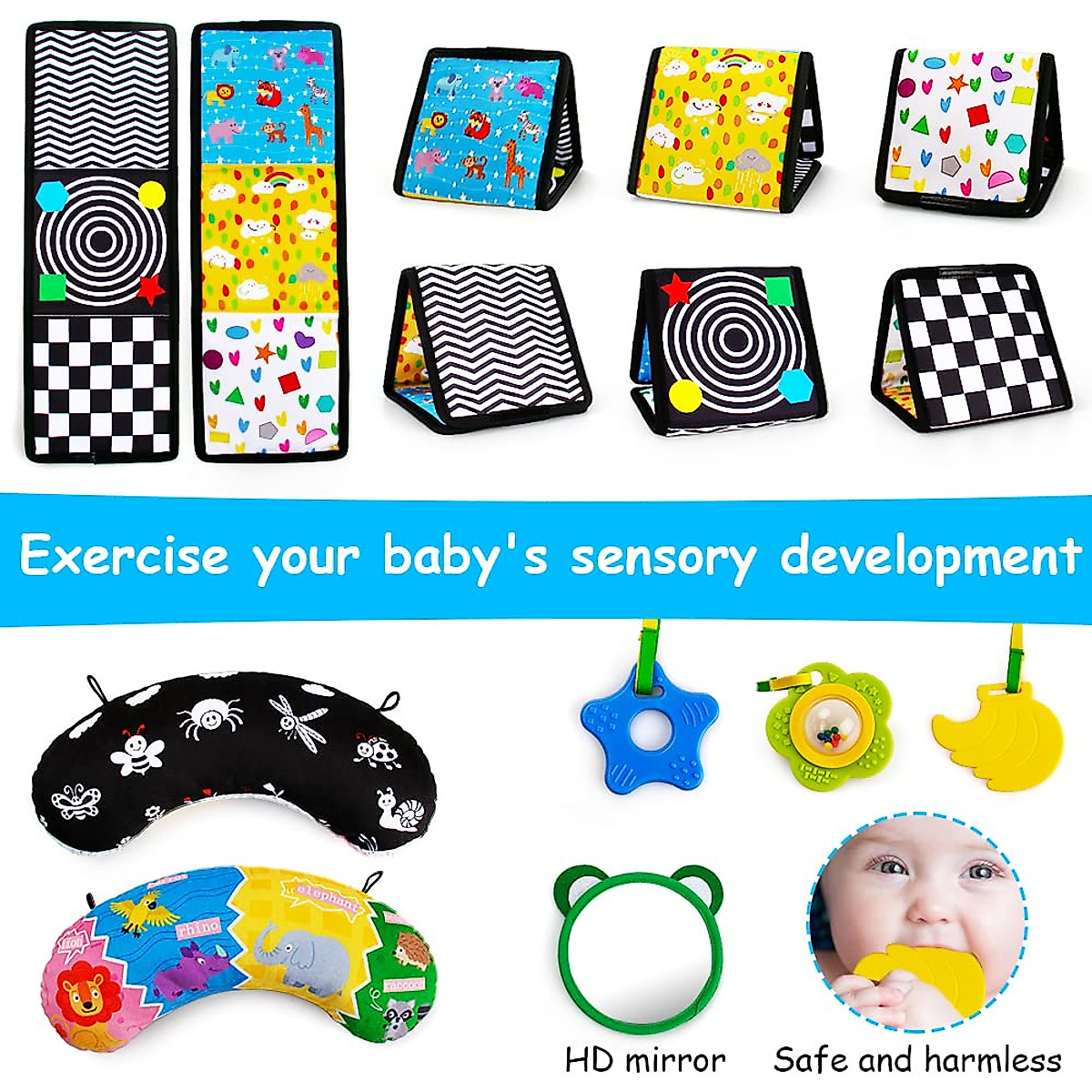 teytoy 3-in-1 Tummy Time Mat & Pillow & Mirror Black and White High Contrast Tummy Time Toys with 3 Teethers for Newborn Infant Baby Toys 0 3 6 9 12 Months Easter Gifts