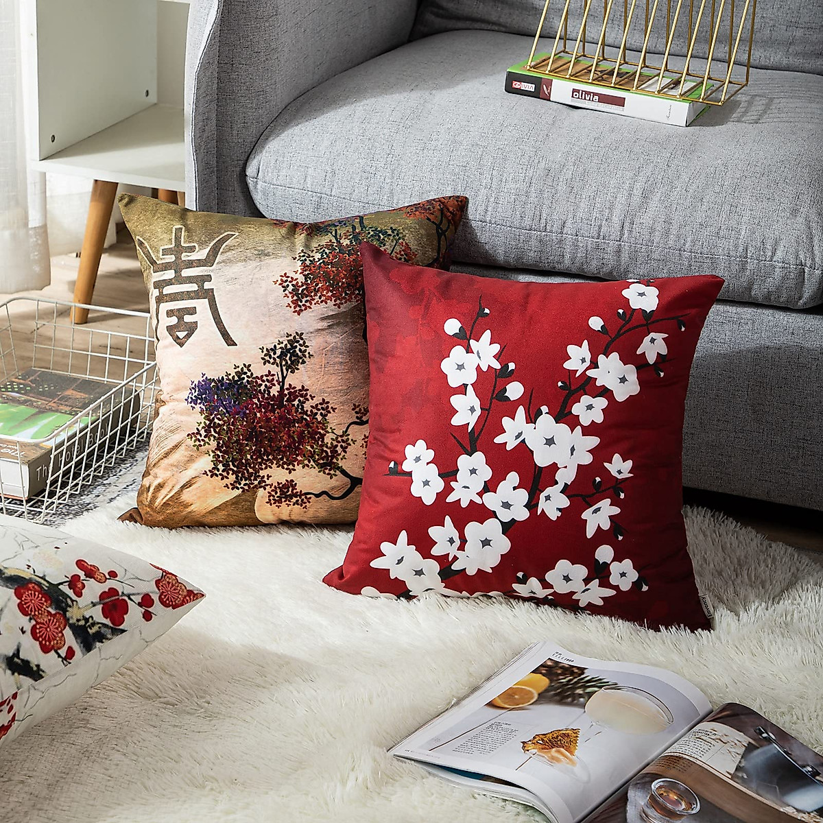 ArtSocket Set of 4 Throw Pillow Covers Japanese Tree Eastern Nature Home Flowers Cherry Blossom Beige Cream Decorative Pillow Cases Home Decor Square 18x18 Inches Pillowcases