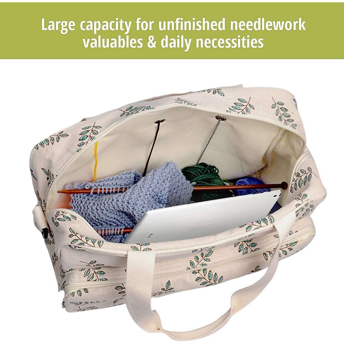 Becko US Yarn Bag Crochet Bag Knitting Bag Yarn Tote Organizer for Projects, Yarn Balls, Crochet Hooks, Knitting Needles, Stitch Holders and Other Accessories