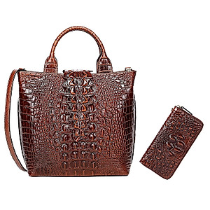 PIJUSHI Designer Genuine Leather Top Handle Satchel Handbags with Crocodile Wristlet Wallet