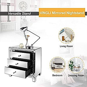 VINGLI Mirrored Nightstands Set of 2 Modern Bedside Table 3 Drawer Glass Side End Table Silver Dresser for Bedroom, 23”L x 13.8”W x 24.3”H