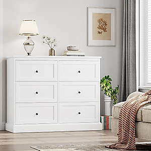 FOTOSOK White Dresser, 6 Drawer Dresser White, Modern Double Chest with Deep Drawers, Wide Storage Organizer Cabinet for Living Room Home