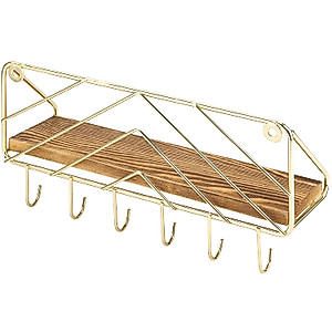 MyGift 12.4 Inch Brass Wall Key Holder Organizer Rack, Decorative Wall-Mounted Entryway Floating Wood Shelf with 6 Key Hooks