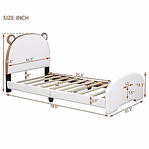 YSWH Twin Size Upholstered Bear Shaped Platform Bed, Wood Platform Bed Frame with Bear Ears Headboard and Pocket on The Footboard, Kids Bedroom Furniture Fun Cute Bear Bed Cartoon Bed (White)