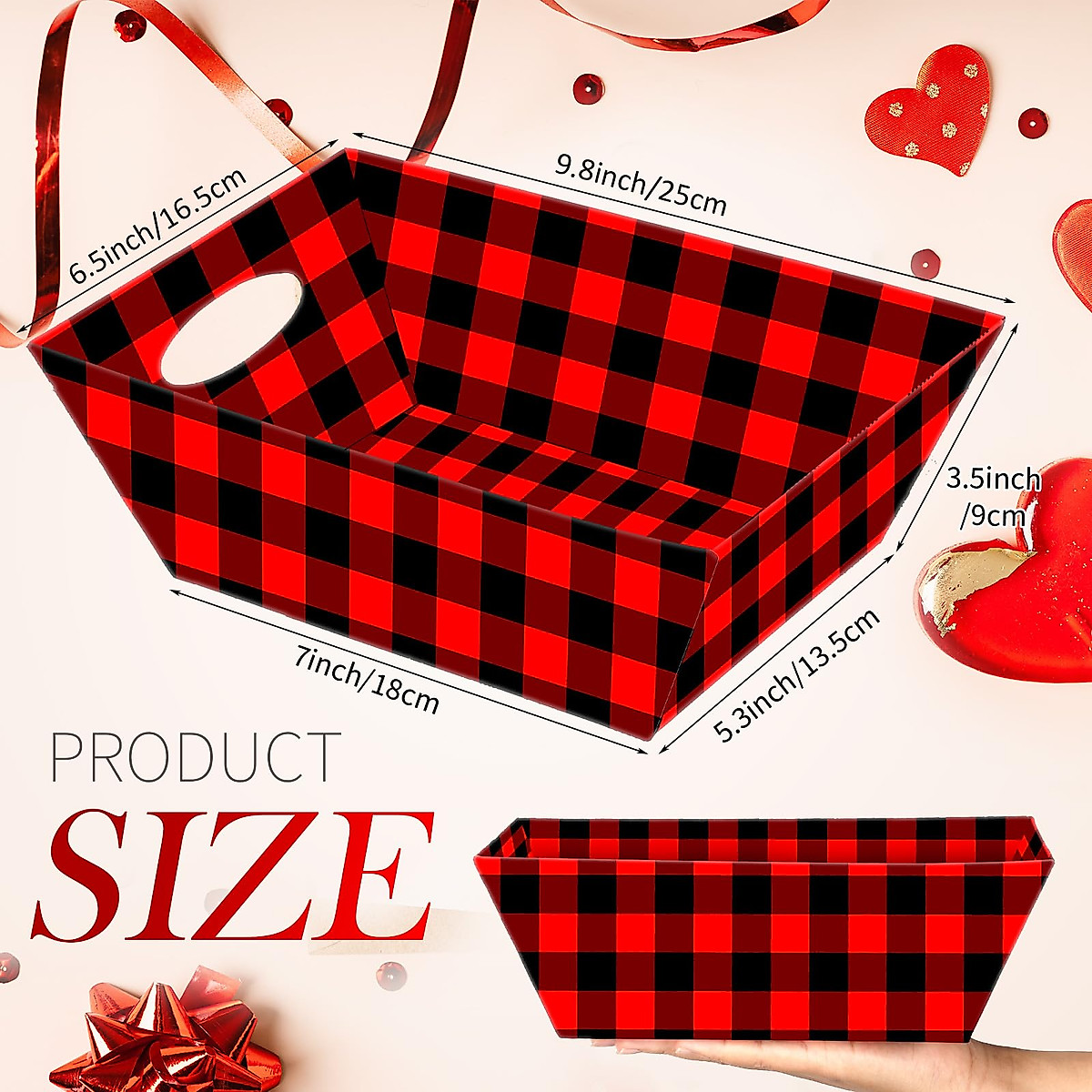 22 Pcs Basket for Gifts Empty Kit Includes 6 Pcs Gift Basket Empty to Fill 6 Pcs Clear Gift Bags 10 Pull Bows Market Tray Favor for Valentines Wedding Holiday Birthday Gift Package (Red Black Plaid)