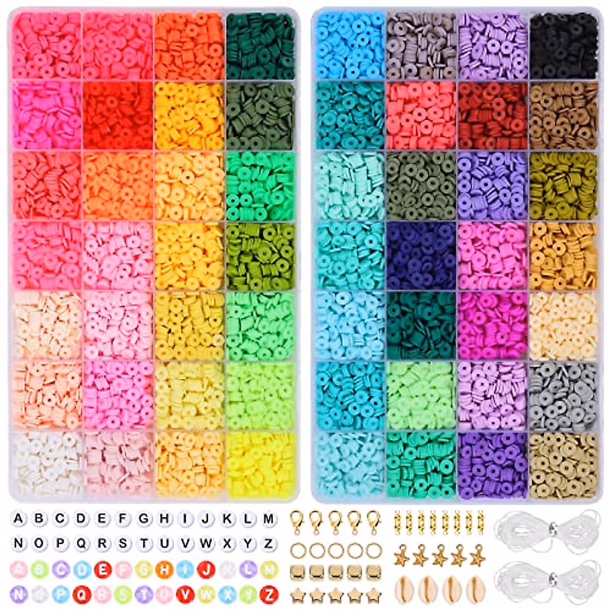 SJZWSD 14400pcs Clay Beads Bracelet Making Kit，56 Colors Flat Round Polymer Clay Beads Heishi Beads ，300pcs Letters Beads for DIY Jewelry Bracelets Necklace Making
