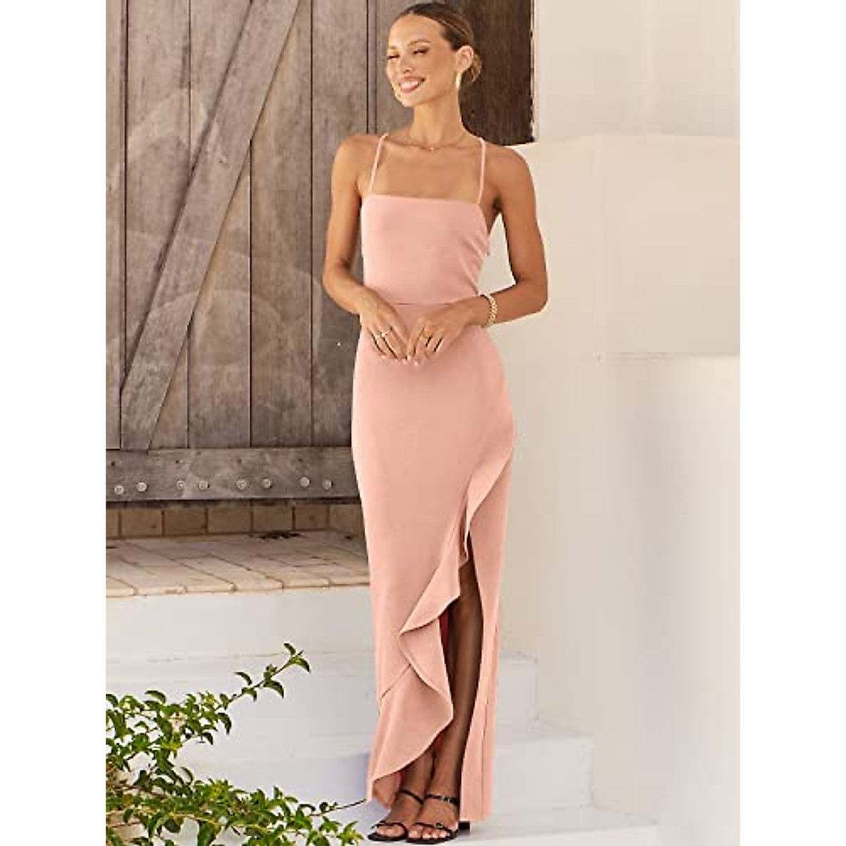 ANRABESS Women's Spaghetti Strap High Slit Bodycon Wedding Guest Dress Semi Formal Dresses A860-qianfen-S Light Pink