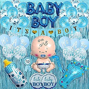 Baby Shower Decorations for Boy, It's A Boy Baby Shower Decorations Set, Mom To Be Sash, Baby Boy Foil Balloons, Its A Boy Banner, Large Baby Bottle Balloon, It's A Boy Balloons,Blue Foil Curtains for Baby shower