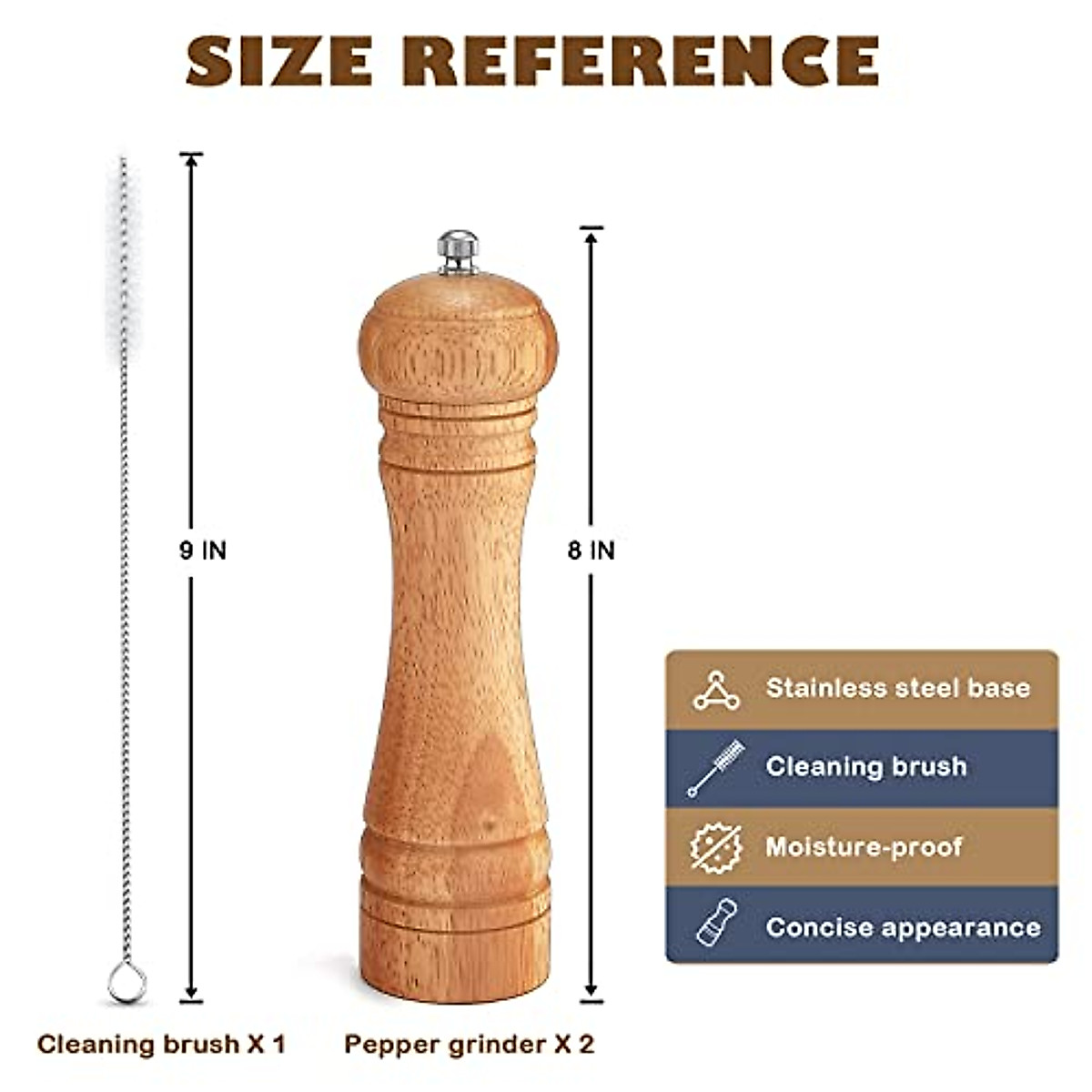 Refillable 8In Pepper Mills, HaSteeL Wooden Salt and Pepper Grinder Set with Adjustable Ceramic Rotor, Manual Spicy Shaker Grinding for Kitchen Restaurant Barbecue, 2 Grinders & Brush