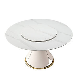 Voohek, Beige 59" Modern Sintered Stone Dining Table with Round-Shaped Metal Exquisite Pedestal Base and 31.5" Turntable, for Home, Kitchen, Living Room