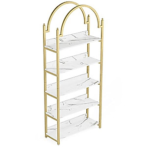 Tribesigns 5-Shelf Gold Etagere Bookcase, Modern Metal Open Arched Bookshelf, 72 Inches Tall Gold Shelves for Living Room, Bedroom(1, White+Gold)