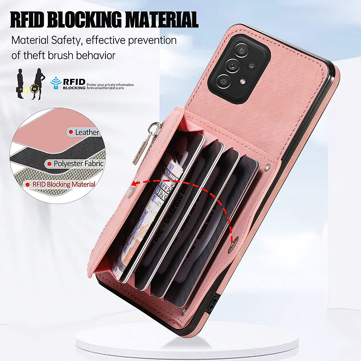 Phone Case for Samsung Galaxy A52/A52S 5G Wallet Cover with Tempered Glass Screen Protector Wrist Crossbody Strap Lanyard Credit Card Holder Stand Leather Cell A 52 S 4G G5 52A S52 52S Men Rose Gold