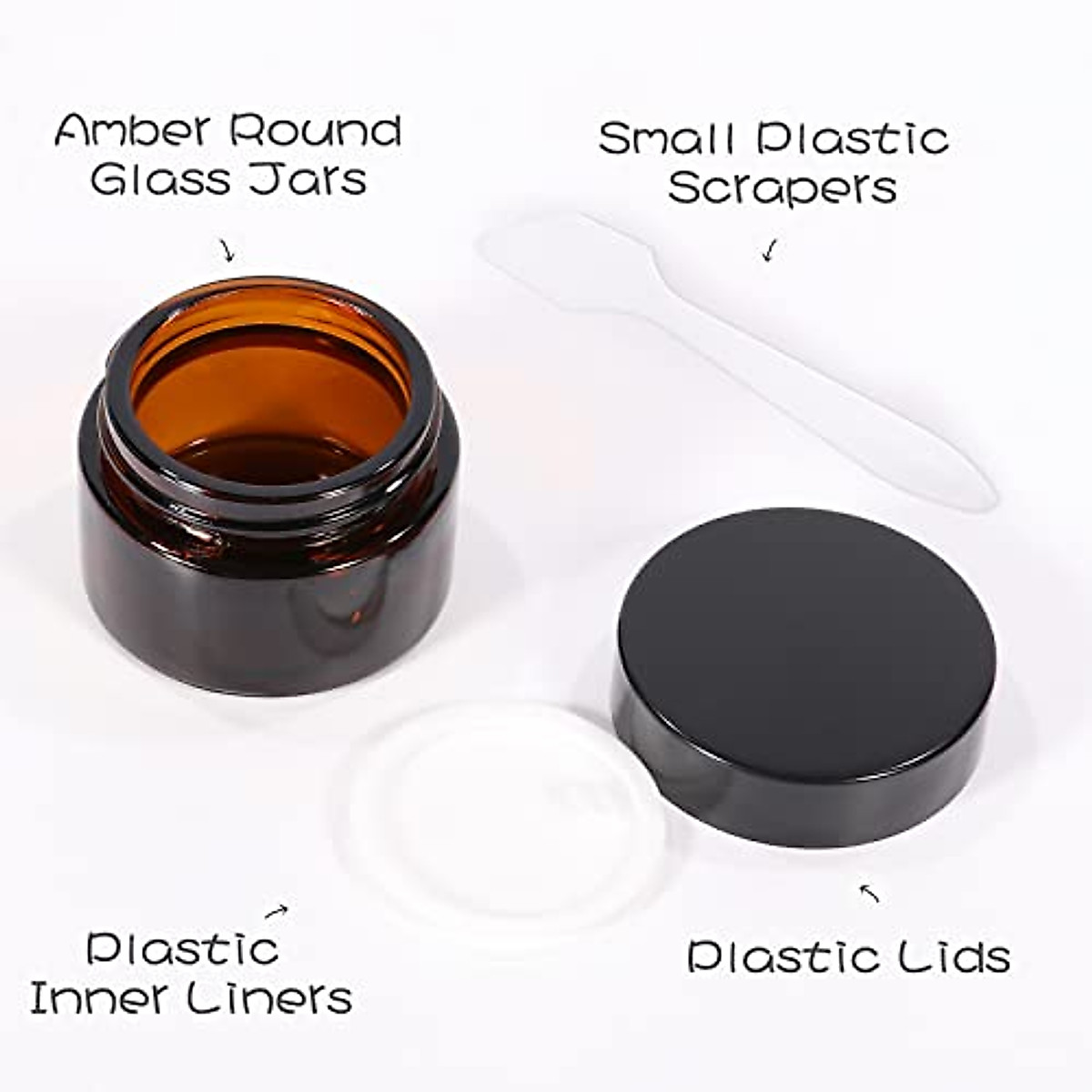 1 oz Amber Round Glass Jars with Plastic Lids and Inner Liners,Empty Cosmetic Bottles For Beauty Products, Lotion, Powders and Ointments.Set of 15 Pack.