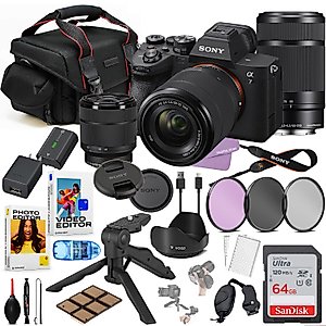 Sony a7 IV Mirrorless Camera with 28-70mm & 55-210mm Lens Bundle + Commander Optics Accessories Package Including Filters, Case, Grip Strap + Sandisk 64GB Memory, Software Package & More (Renewed)