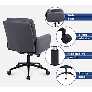 Modern Mid Back Computer Desk Chair with Wheels, Adjustable Home Office Chair, Ergonomic Upholstered Swivel Chair, Grey