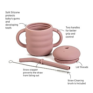 Cute 2-1 Silicone Straw Sippy Cup with Stopper - 5.4 OZ Spill-proof Sippy Cups for Baby 6+ Months w/ Dbl Handles, Grooved Body & Angled Straw for Fun & Safe Drinking - Includes Cleaning Brush - Pink