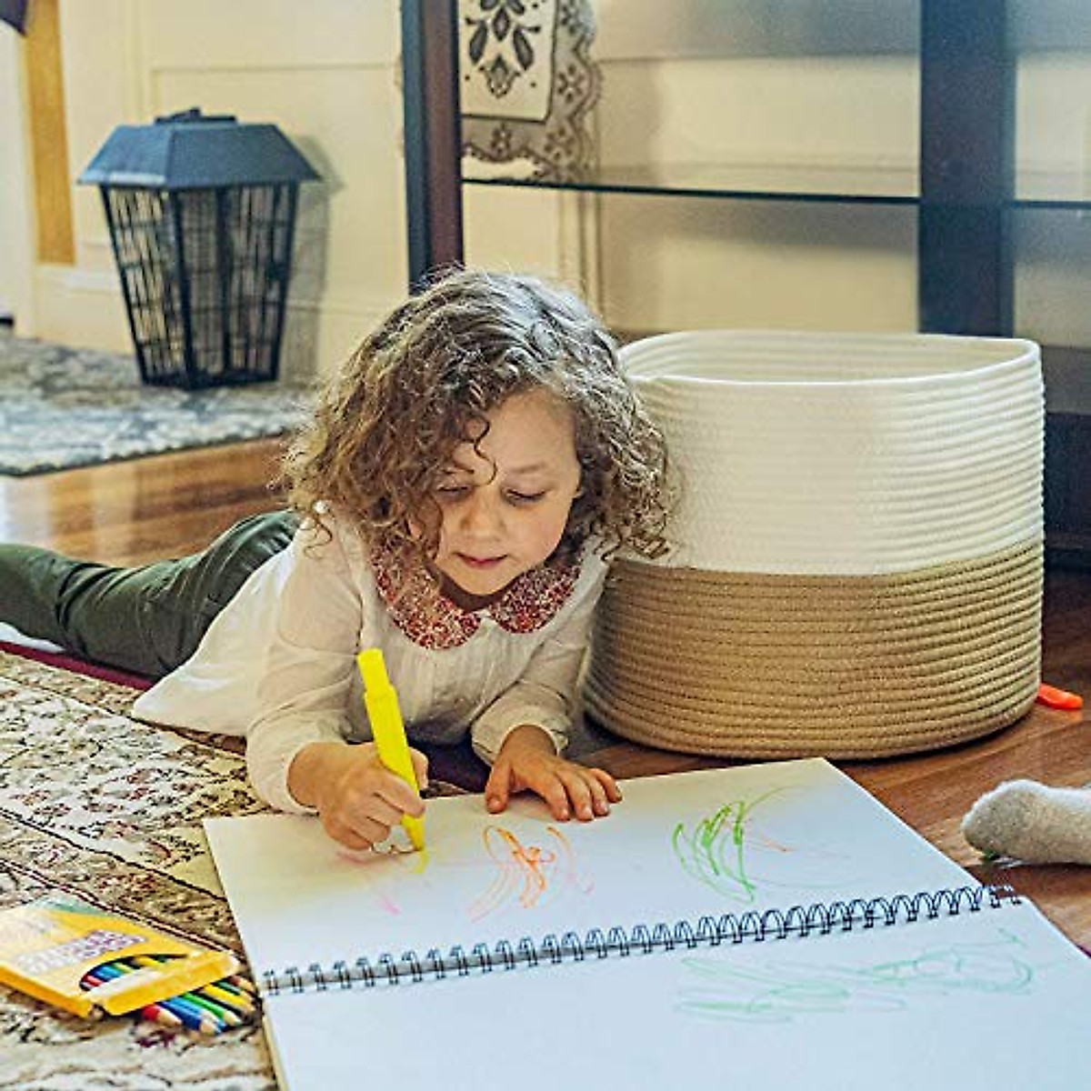 R RUNKA 2 Pack Storage Basket 14" x 11", Soft Woven Shelf Baskets for Storage with Leather Handles,Organizer Basket Set for Laundry, Toys, Books and Baby Blankets