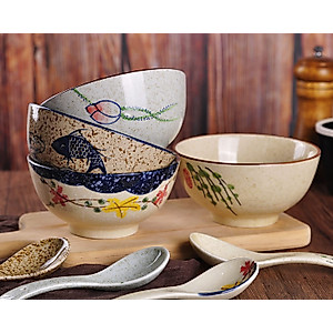 WHJY 4.5 inch Set in 4 Retro Chinese Japanese Creative Hand-painted Floral Cereal Ceramic Soup Rice Bowl