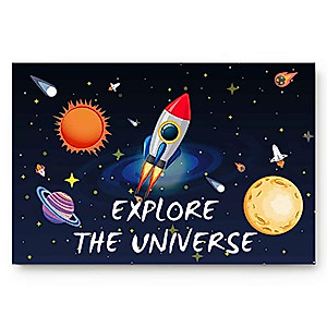Possta Decor Cartoon Rocket Planets Stars Indoor Doormat Front Door Mats, Water Absorbent Non Slip Entrance Rugs, Outer Space Floor Bath Rug for Bedroom Bathroom Living Room