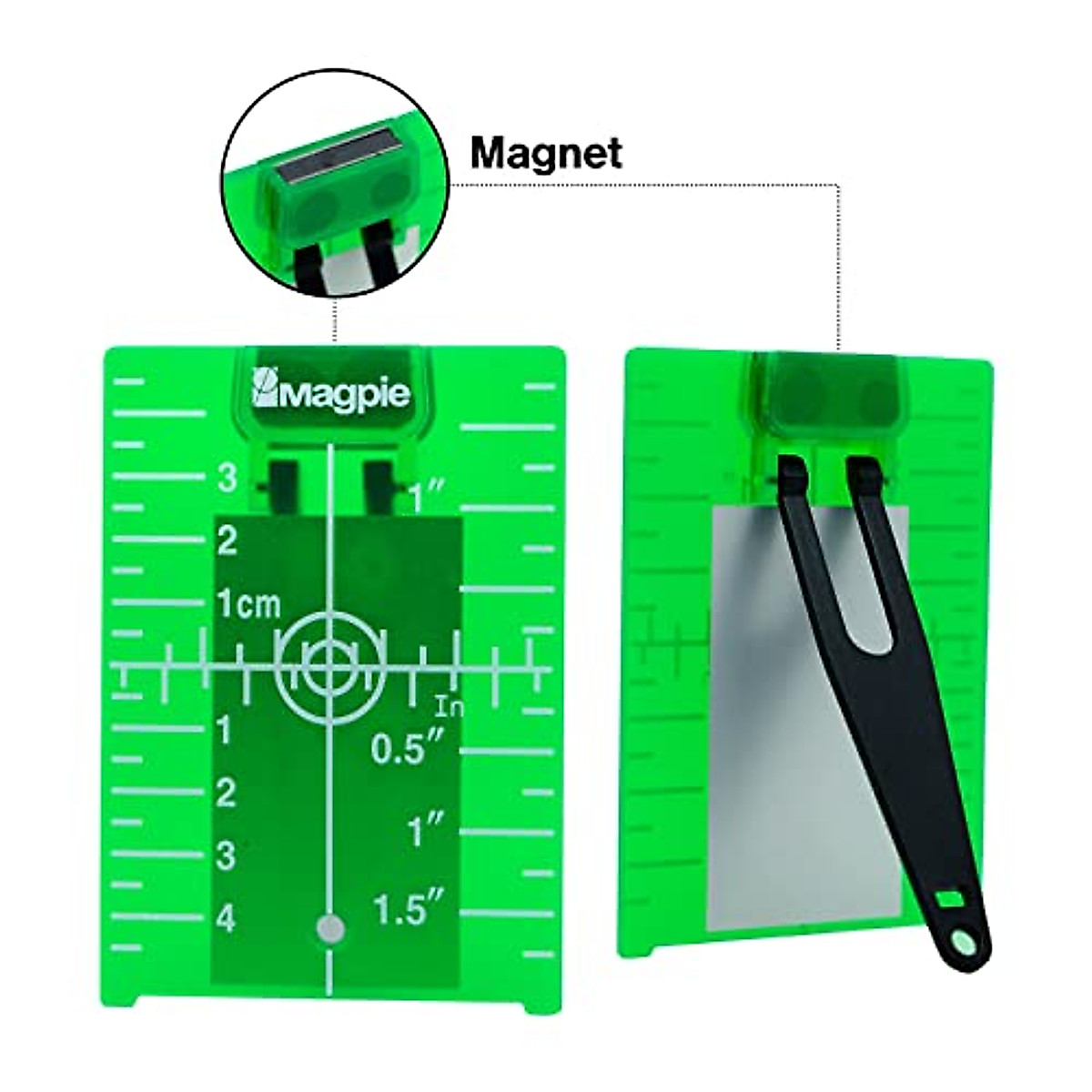 Magpie Laser Target Card Plate - Enhanced Visibility and Accuracy with Magnetic Super-Slim Plates, Measurement Scale in Both Inches and Centimeters, Designed for Both Red and Green Laser Devices