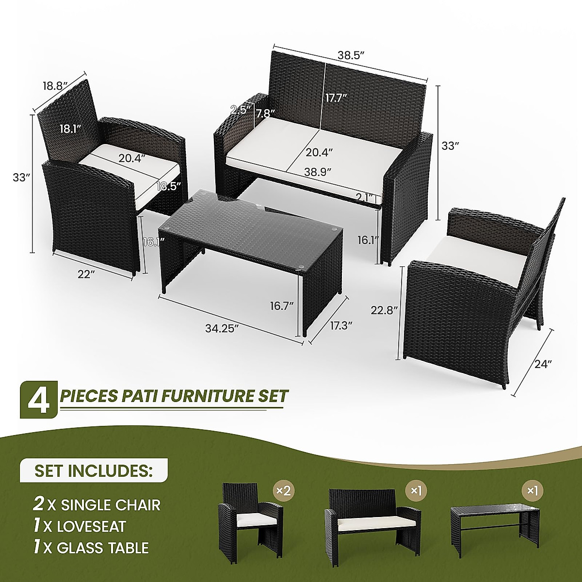 Amopatio Outdoor Furniture Set,4 Pieces Black Rattan Wicker Conversation Sets Sectional Sofa with White Cushions