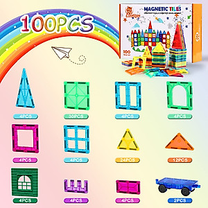 CuteTiger Mangetic Tiles, 100PCS Magnet Building Toys, Magnetic Building Set for Kids, Stacking Blocks, Perfect STEM Toys Gift for Boys and Girls
