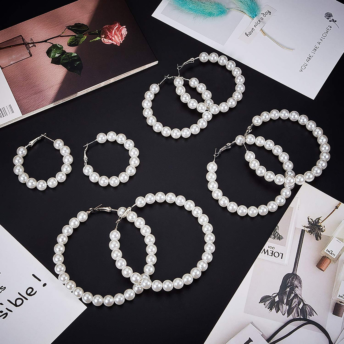 Hicarer 4 Pairs Faux Pearl Hoop Earrings for Women Large Big Drop Dangle Earrings Pearl Beaded Earrings Jewelry for Women Girlfriend Brides Gift (Silver Pearl Hoop)