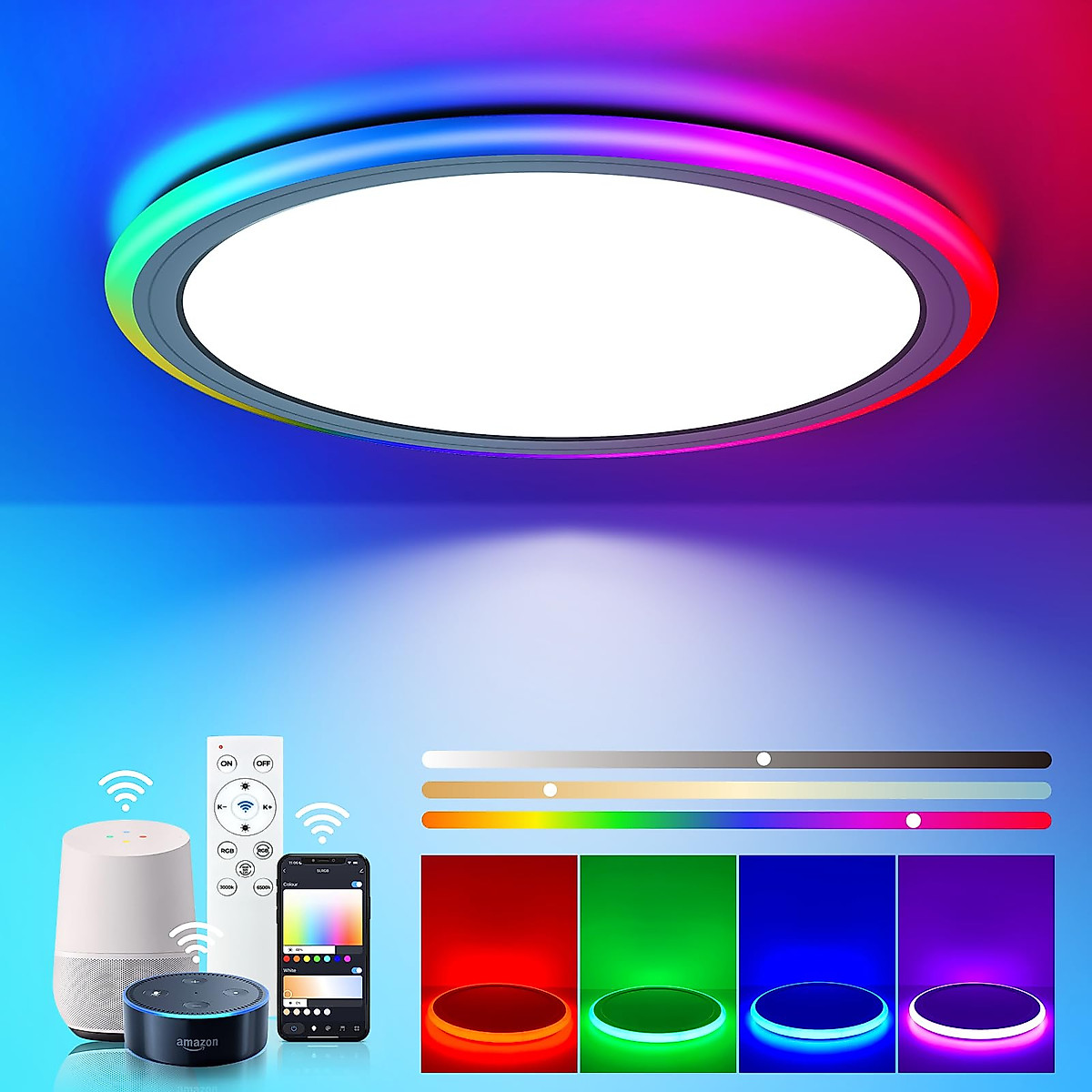 BLNAN Smart RGB LED Flush Mount Ceiling Light, 13 Inch 24W Dimmable Color Changing Wired Lamp Fixture with Remote Control, Works with Alexa Google Home Tuya App for Bedroom Living Kids Room Party