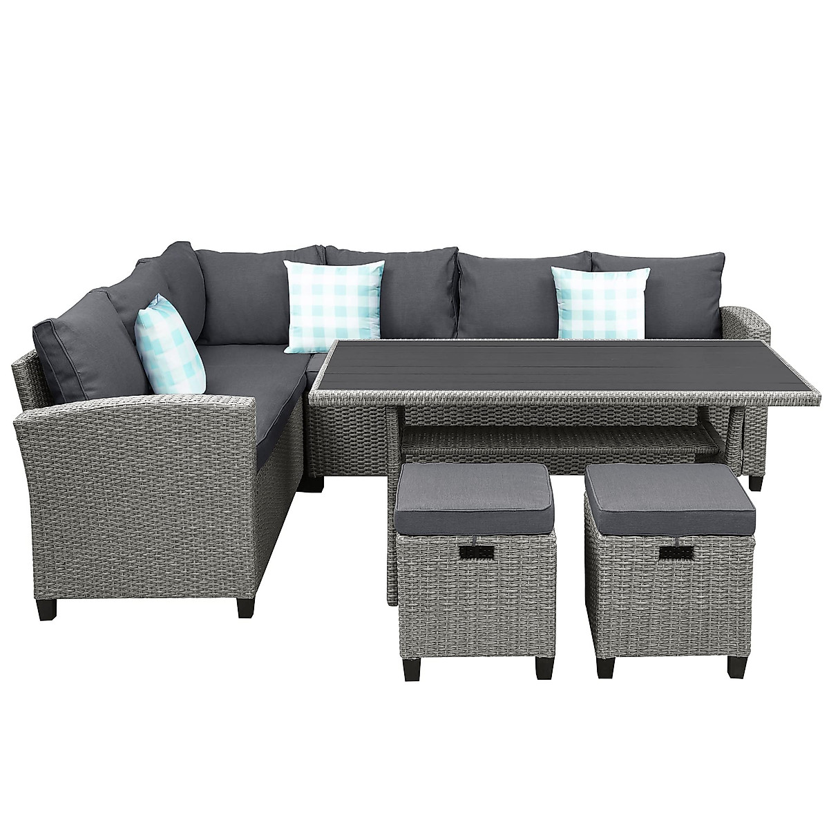 FANYE 5 Pieces All Weather Outdoor Patio Furniture Conversation Sets PE Wicker Rattan Sectional Couch Include 1 Table, 2 Sofas, 2 Ottomans and 3 Pillows Corner, Dark Gray