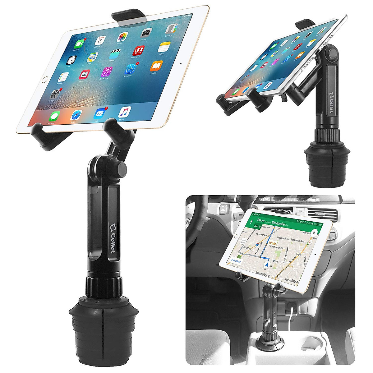 Car Tablet Mount with a Cup Holder Base Compatible for Apple iPad, iPad Pro, iPad Air, iPad Mini, Samsung Galaxy Tablet, Google Pixel Tablet, Amazon Kindle Fire and Smartphones