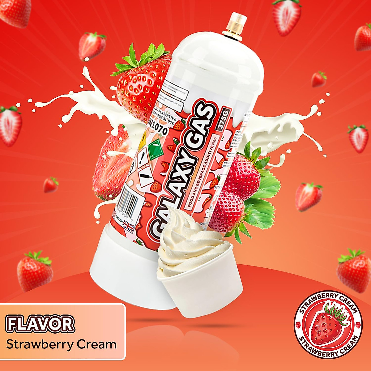 Galaxy Gas Strawberry Flavor Whipped Cream Dispenser Cartridge Tank, Nitrous Oxide 0.6L 375 Gram, Whipped Cream Tank, N2O Charger Tank, 1 Cylinder