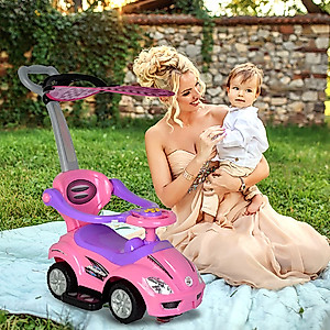 ChromeWheels Push Cars for Toddlers, 3 in 1 Ride on Push Car with Removable Canopy, Ride on Toys Mega Car w/Handle & Horn & Music, Pink