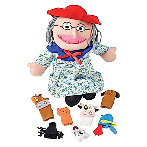 Constructive Playthings Plush "Old Lady" Doll and Animal Finger Puppet Props Set for "There Was An Old Lady Who Live Swallowed a Fly" Children's Book, For Kids Ages 3+