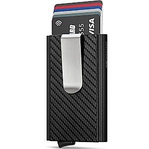 MOSIYEEF Minimalist Stealth Wallet for Men - Pop Up Men Wallet with Money Clip - Leather-wrapped Slim Compact Card Holder Carbon Fiber Card Wallet RFID Protection for 6 Credit Cards - Gifts for Him