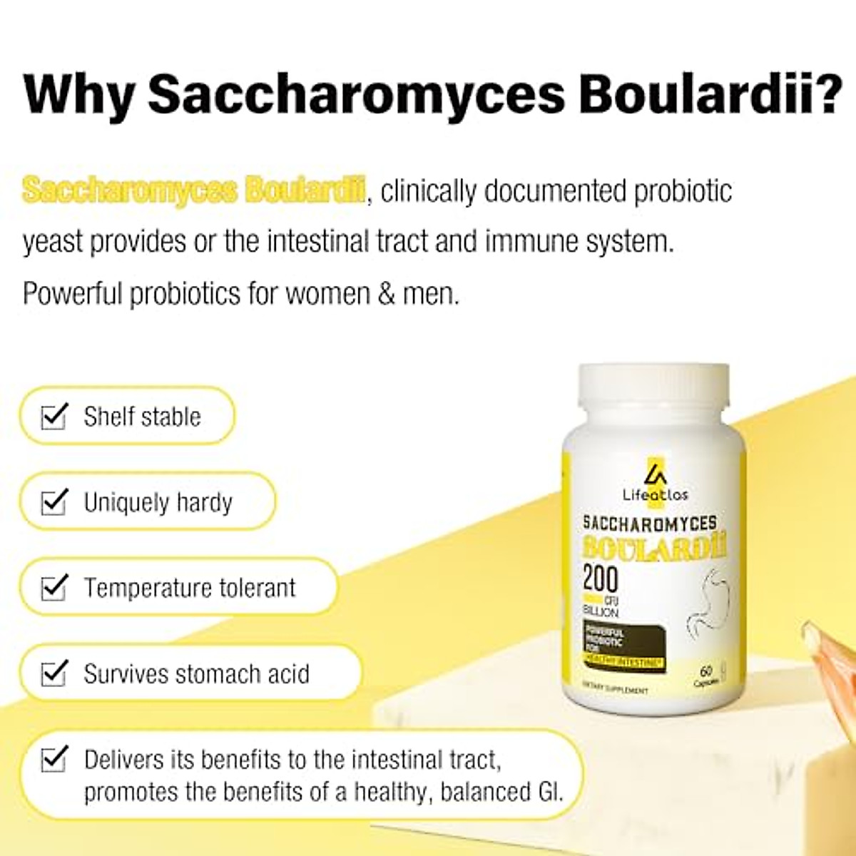 200 Billion CFUs Saccharomyces Boulardii Probiotics - Clinically Studied Probiotics for Women & Men, Enhanced Intestinal Tract, Immune, Bloating Gut & Digestive Health, Acid Resistant - 2 Month Supply